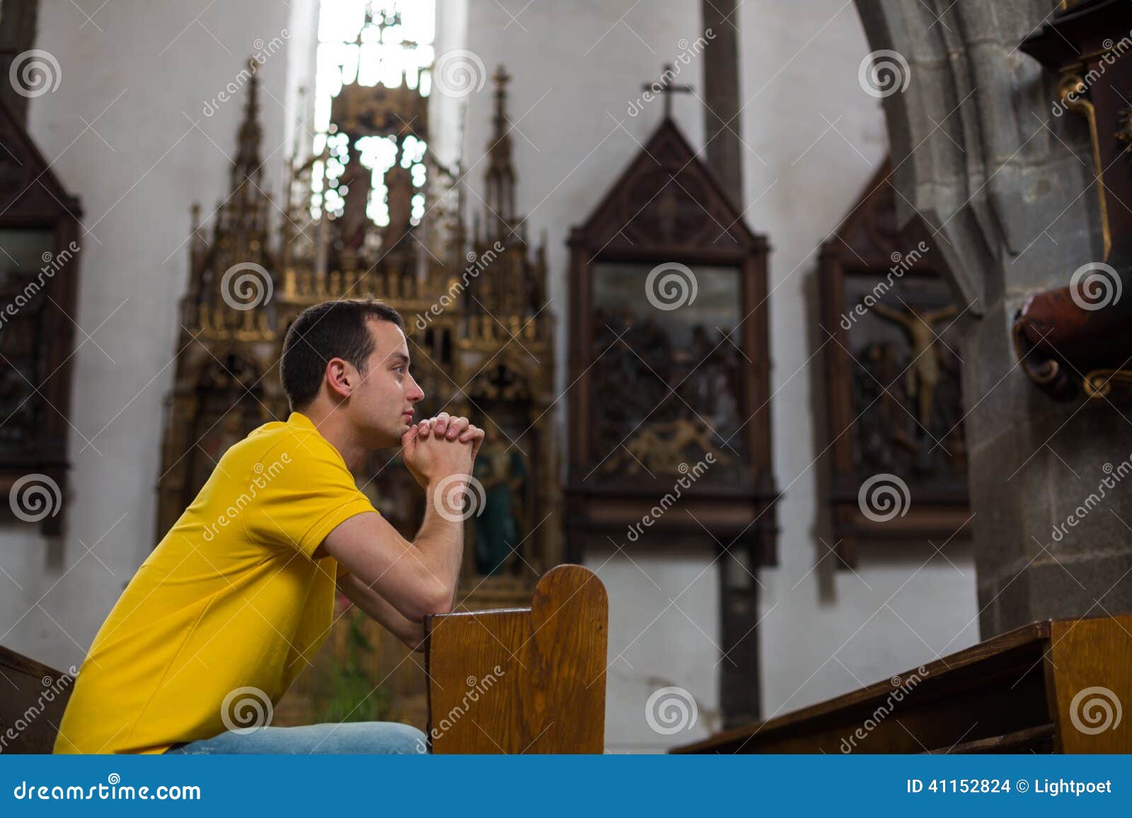 Young Man Praying in a Church Stock Photo - Image of mass, church: 41152824