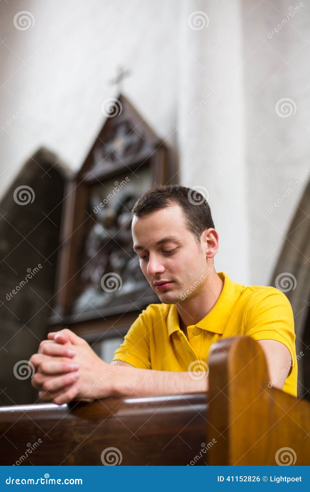 Young Man Praying in a Church Stock Photo - Image of humbleness, bench ...