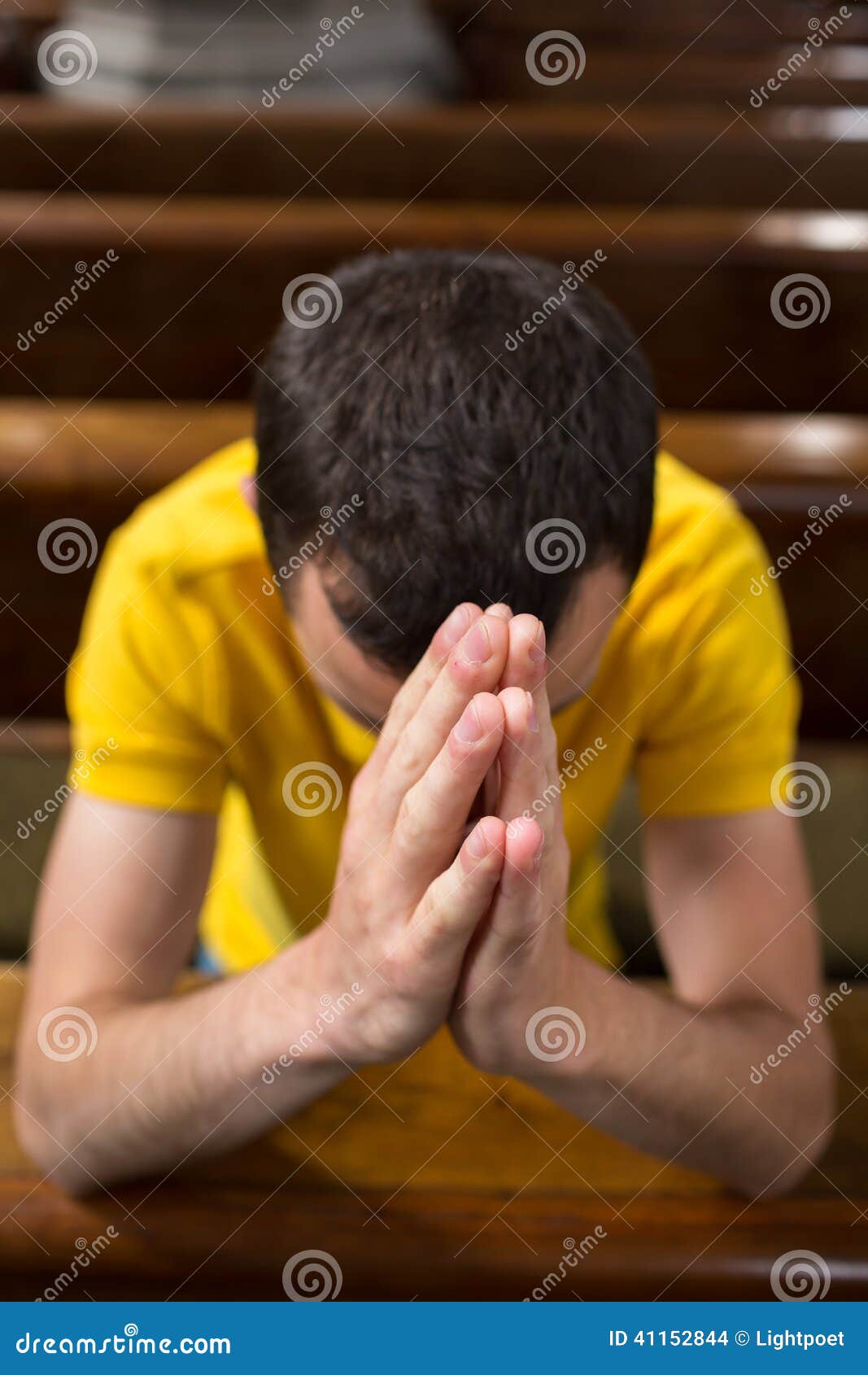 Young Man Praying in a Church Stock Photo - Image of meditate ...