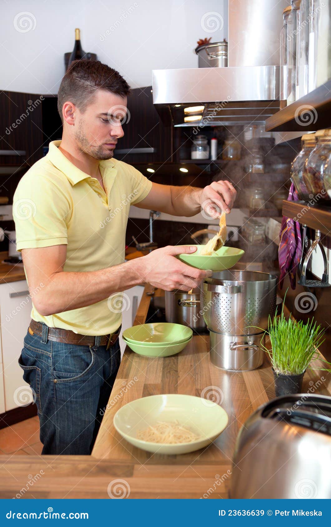 Young Man Preparing Lunch in Kitchen Stock Image - Image of organize ...