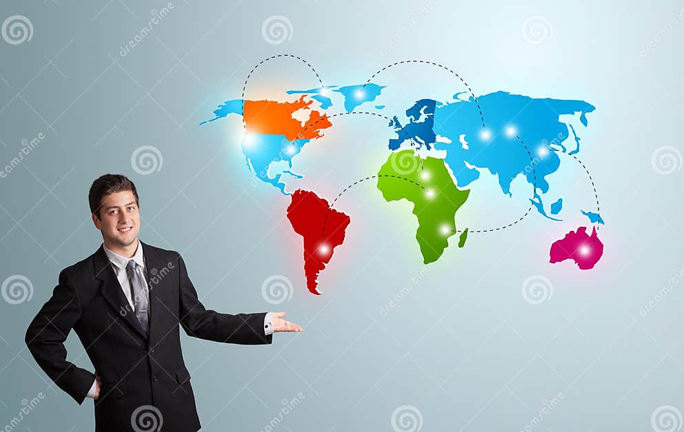 Young Man Presenting Colorful World Map Stock Photo - Image of ...