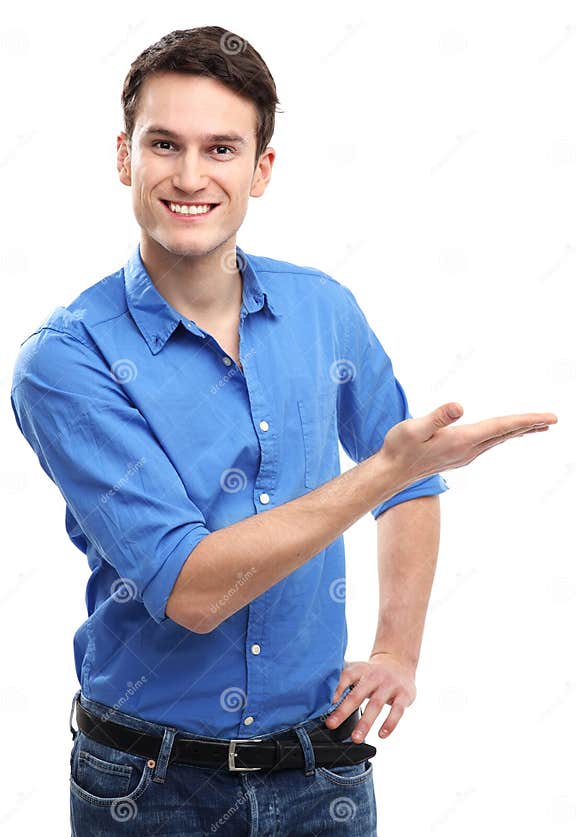 Young Man Presenting Something Stock Photo - Image of white, smiling ...