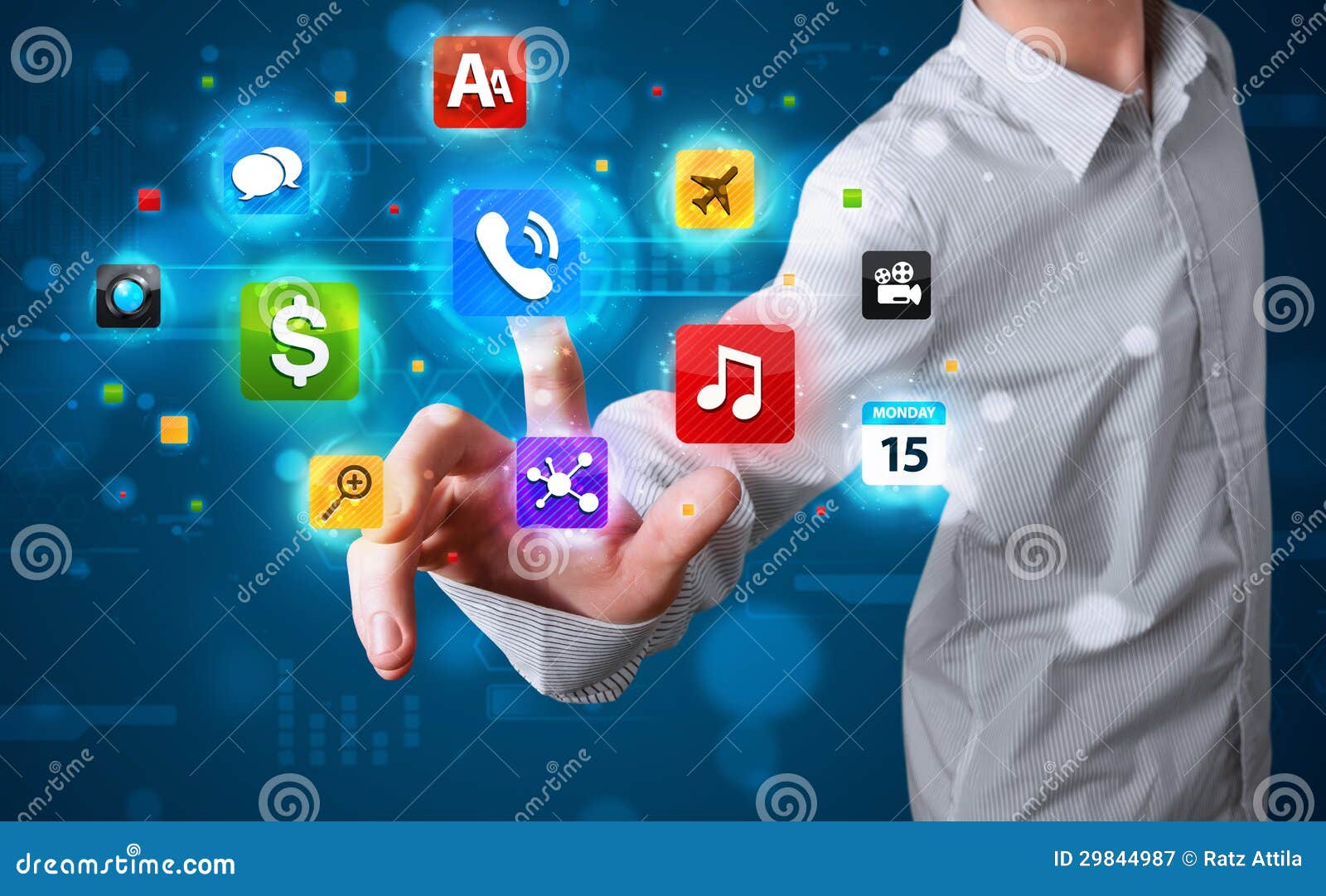 Man Pressing Various Collection of High Tech Buttons Stock Image ...
