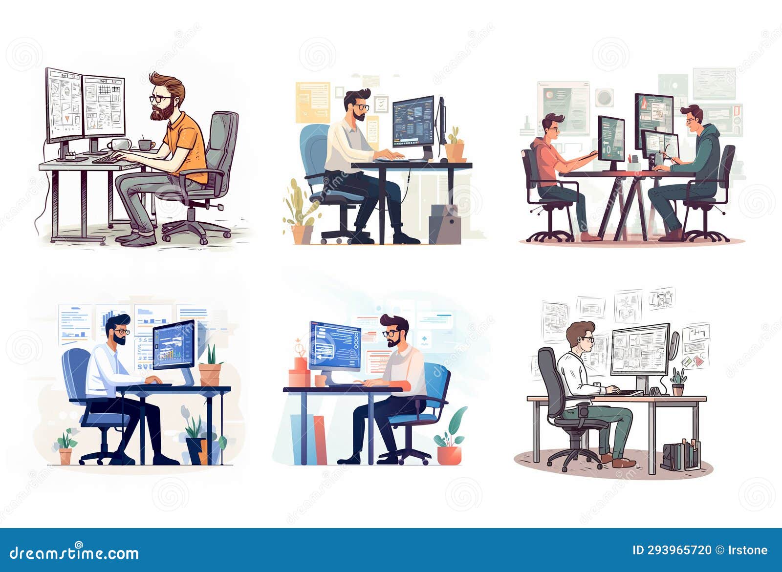 Young Man, Professional Working in Office with Computer. Set of ...