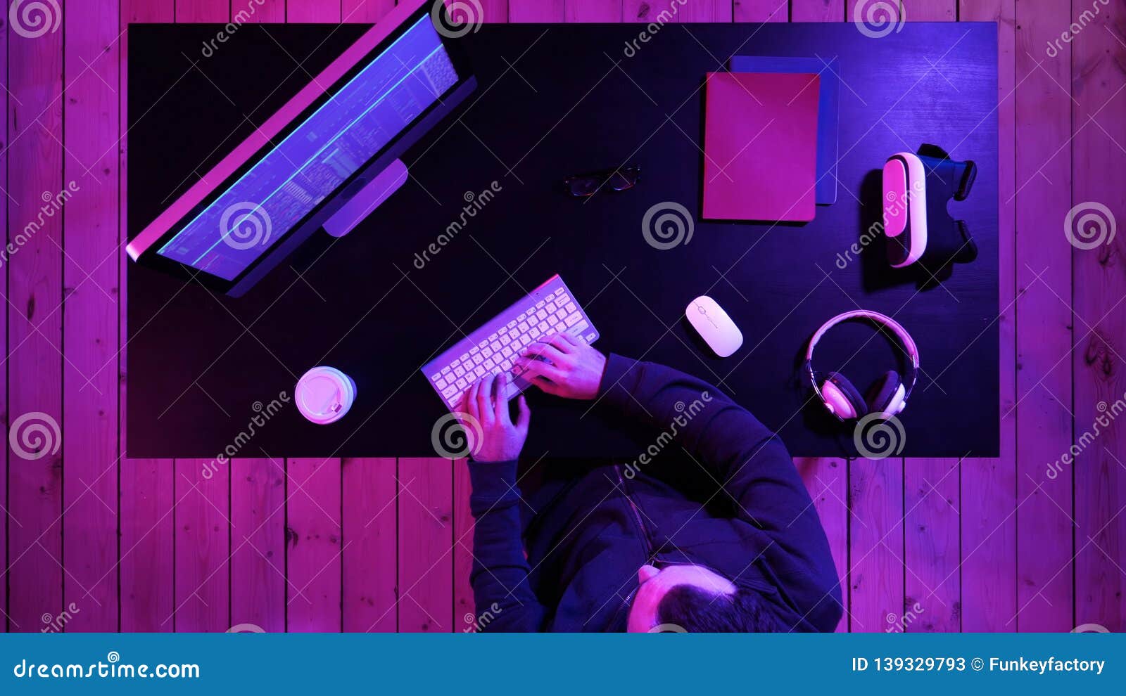Young Man Programmer or Hacker Working on Computer at Night. Stock ...