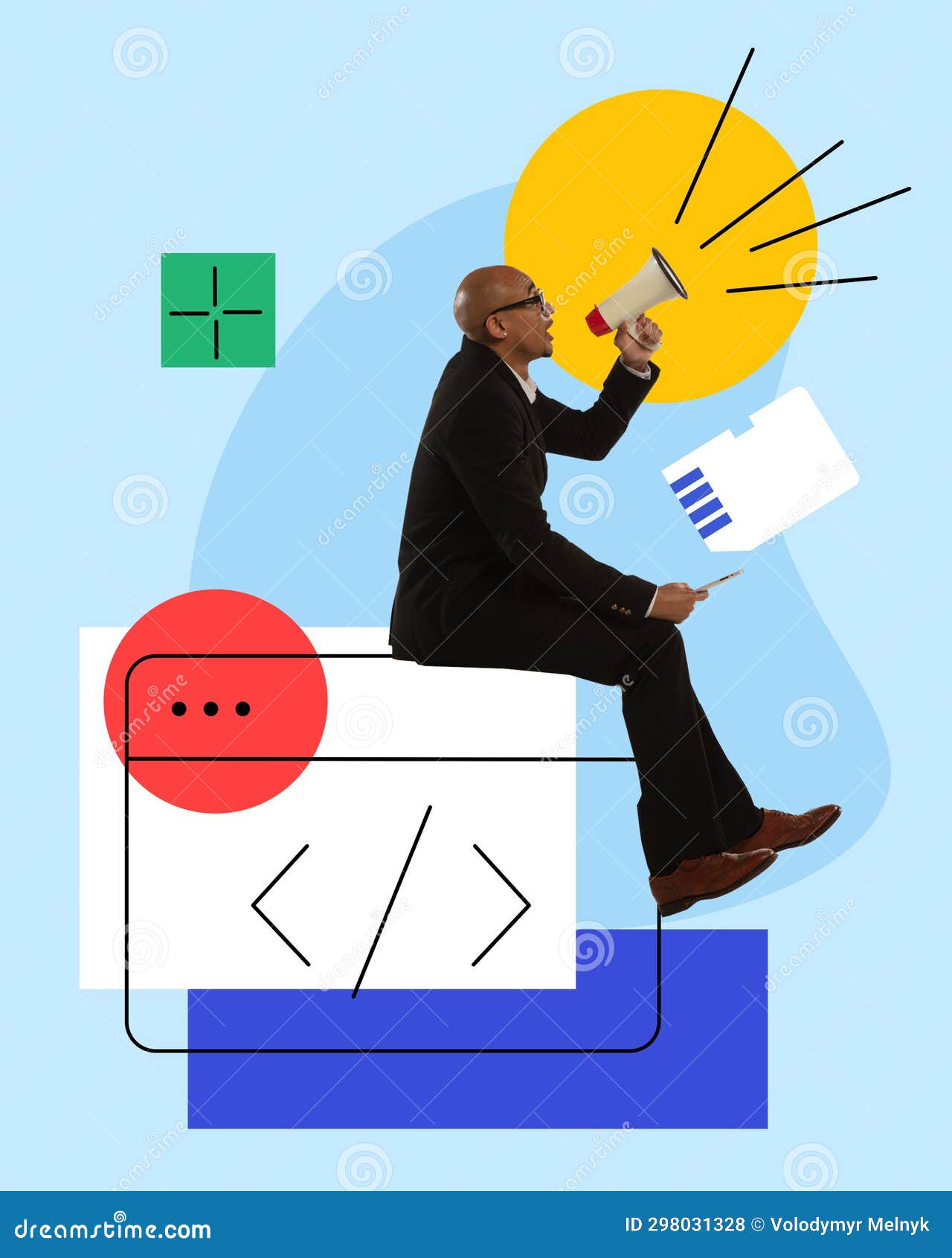 Young Man, Project Manager Shouting in Megaphone, Checking Bugs, Coding ...