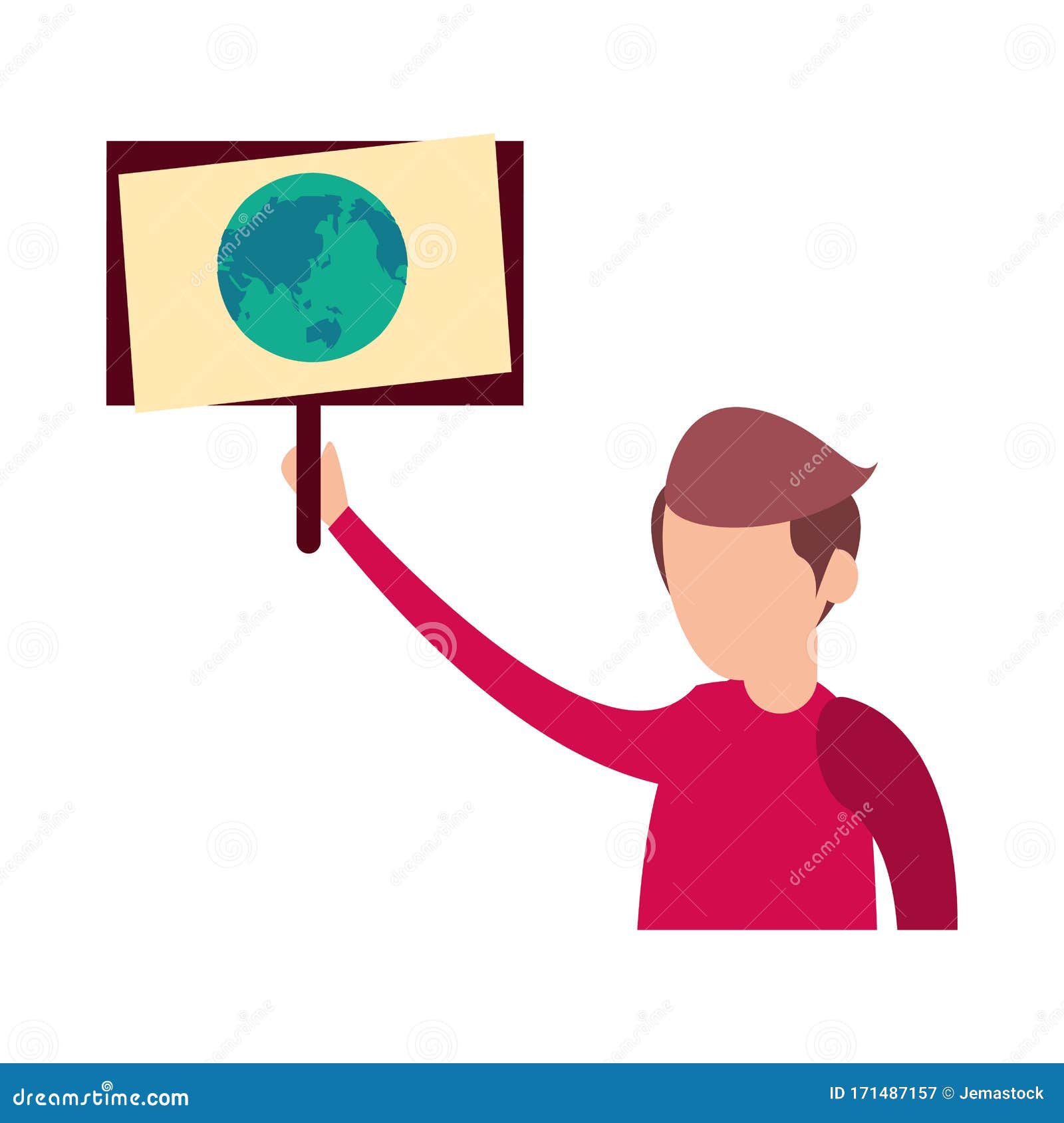 Young Man Protesting with Earth Planet in Label Character Stock Vector ...
