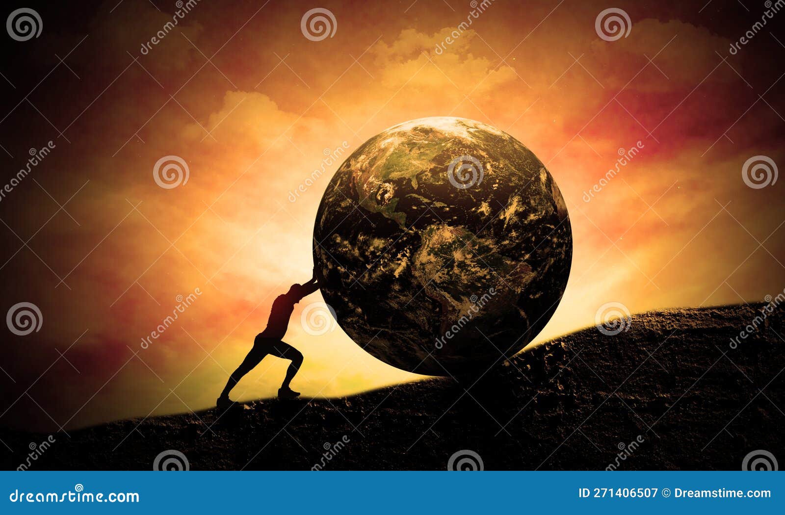 Young Man Pushing Earth Globe Up To Hill. Sunset Scene. Concept of ...