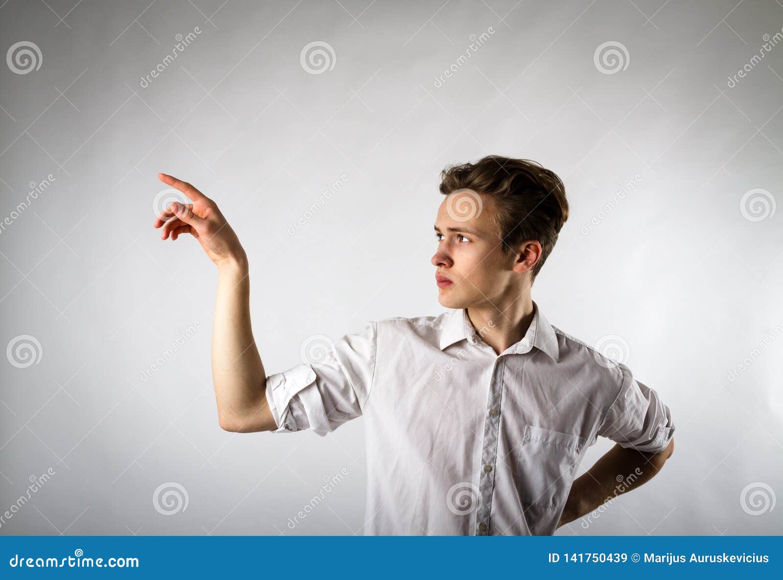 Young Man is Pushing the Virtual Button Stock Image - Image of choose ...