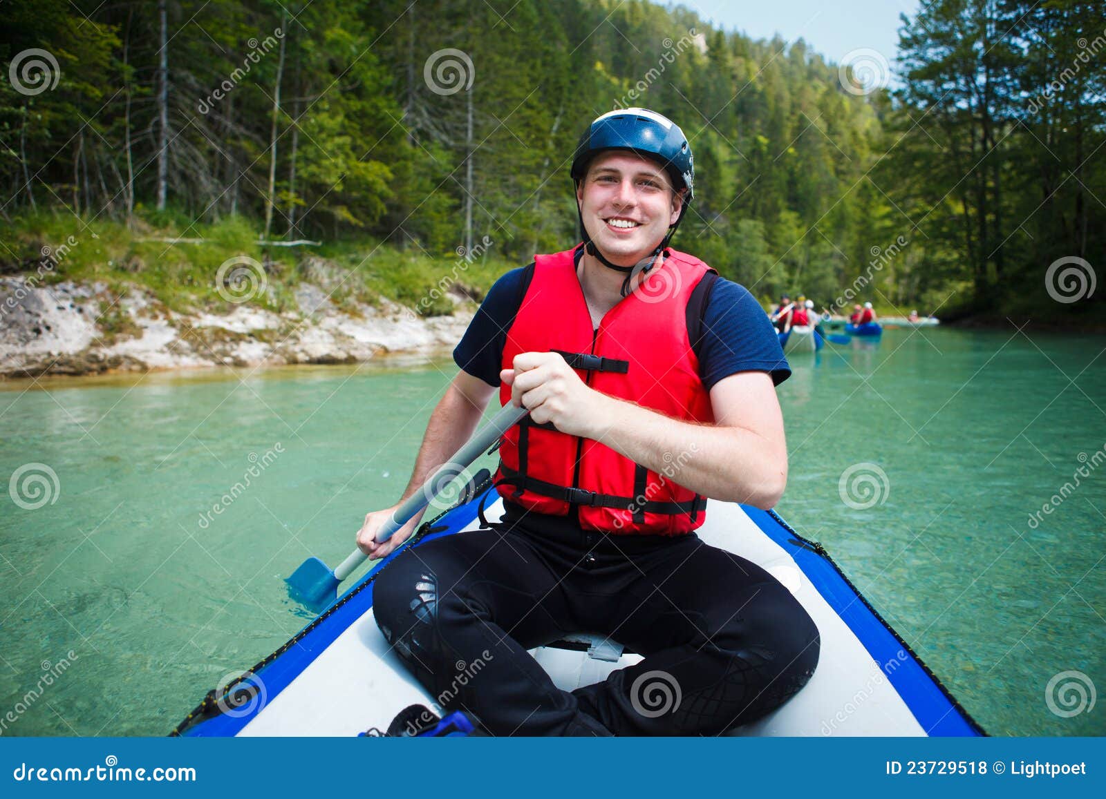 Young Man in a Raft Boat, Paddling, Smili Stock Photo - Image of ...