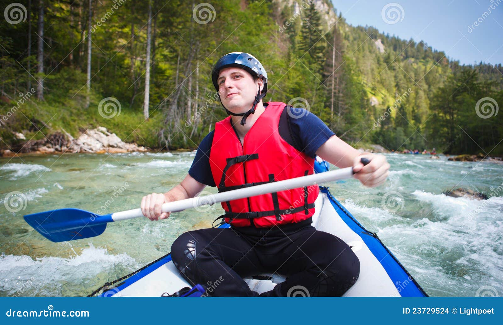 Young Man in a Raft Boat, Paddling, Smili Stock Photo - Image of ...
