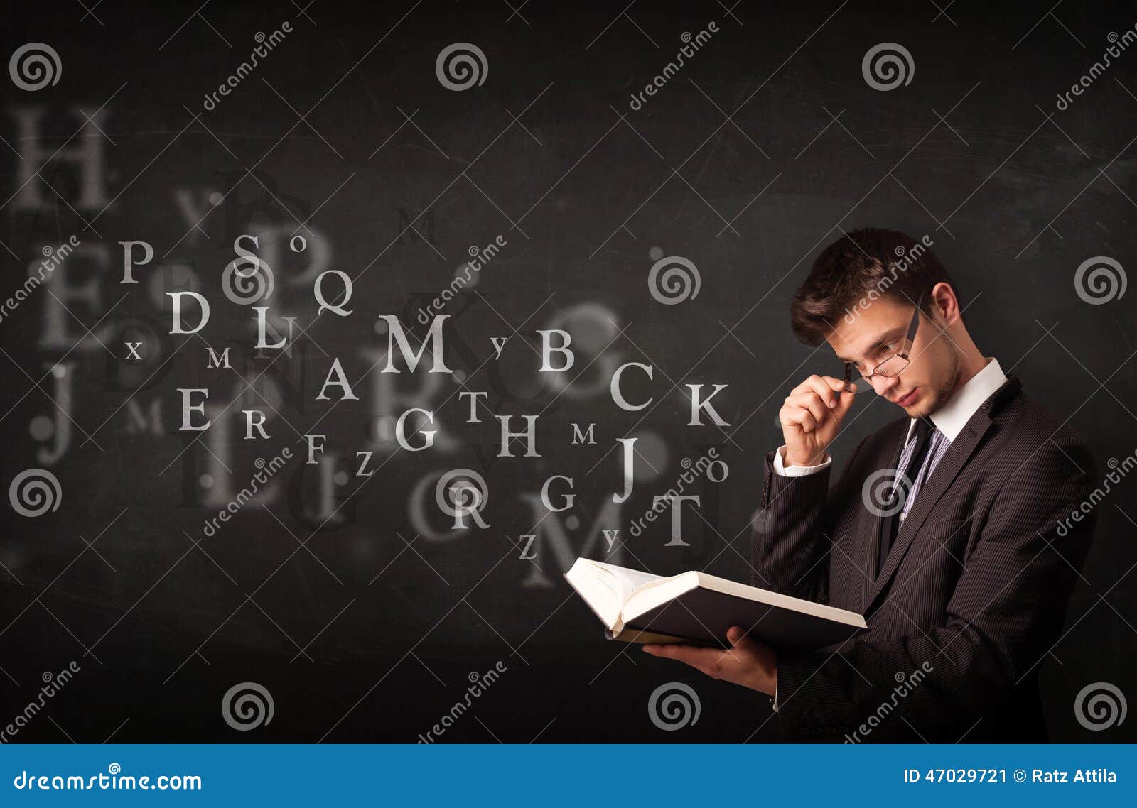 Young Man Reading a Book with Alphabet Letters Stock Image - Image of ...