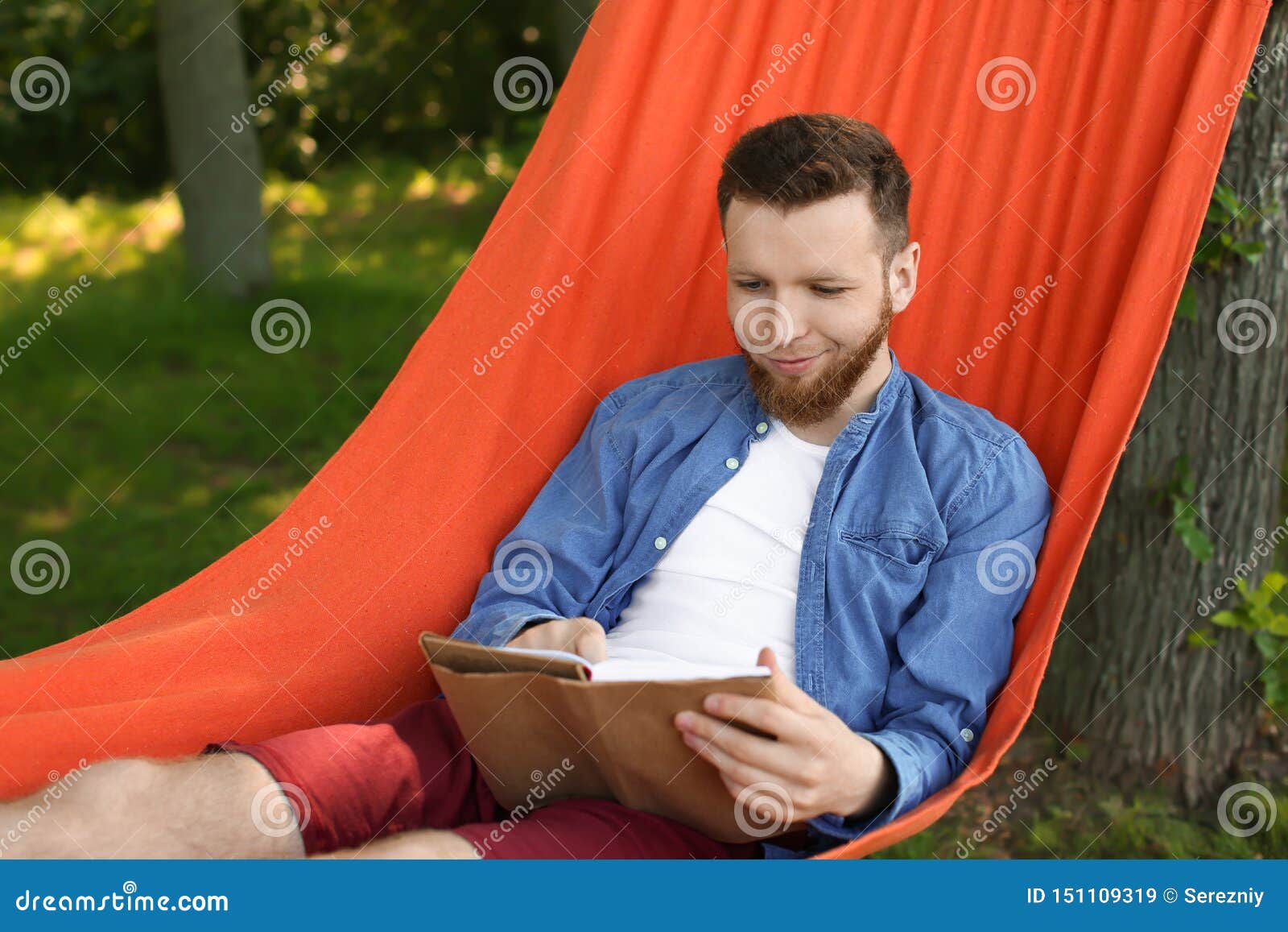 Young Man Reading Book in Hammock Outdoors Stock Image - Image of ...