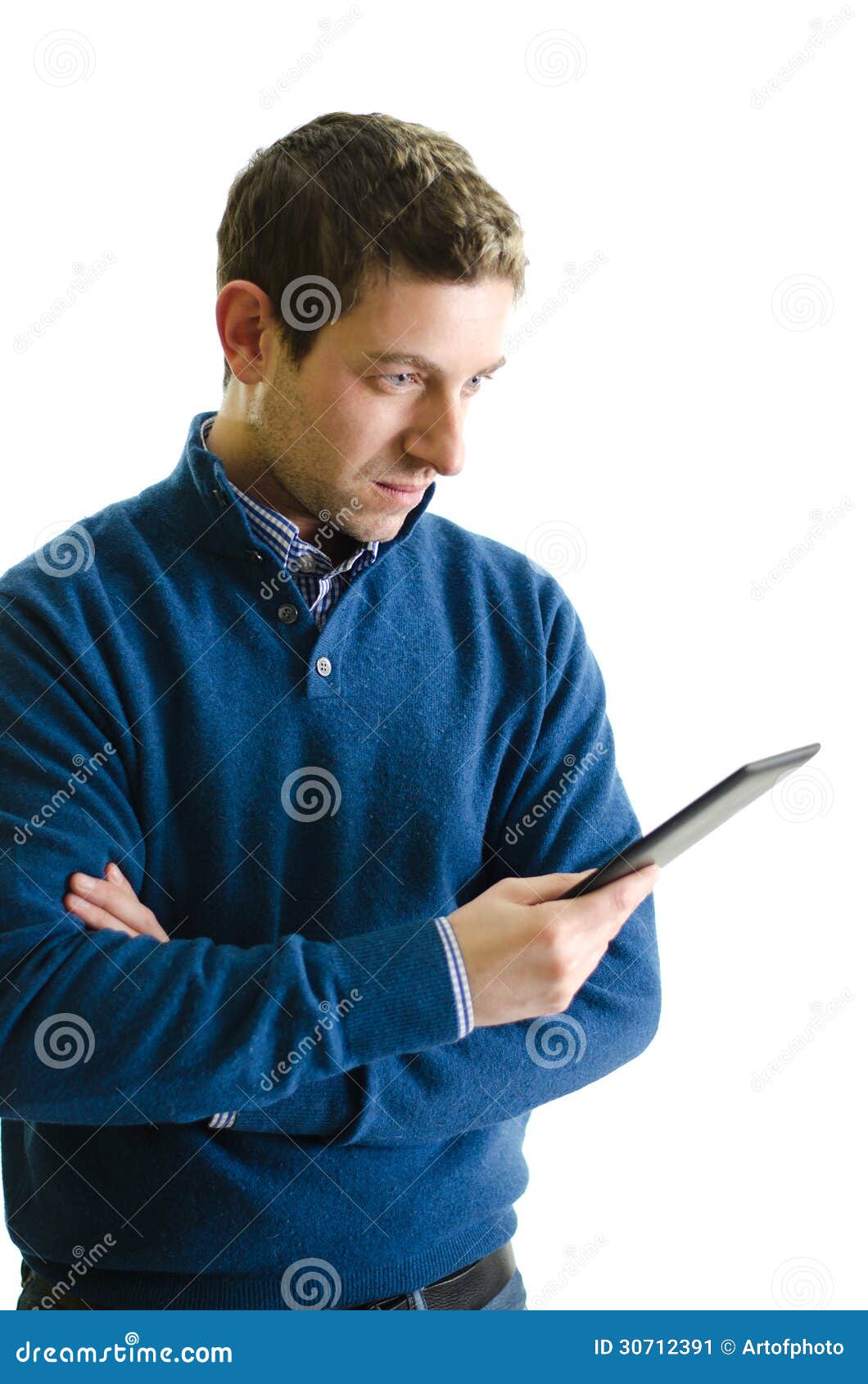 Young Man Reading Ebook Reader, Isolated Stock Image - Image of ebook ...