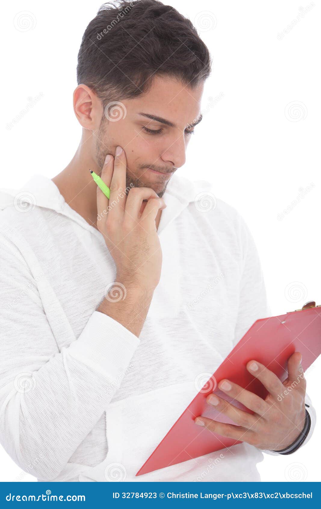 Young Man Reading Notes on a Clipboard Stock Image - Image of looking ...