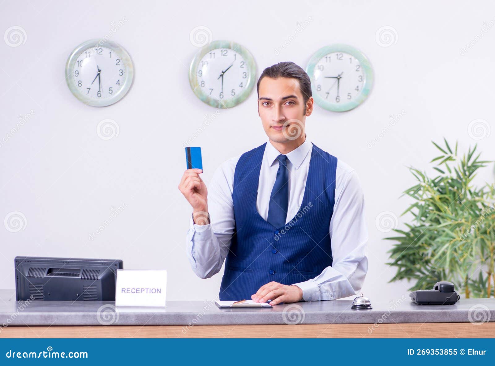 Young Man Receptionist at the Hotel Counter Stock Image - Image of ...