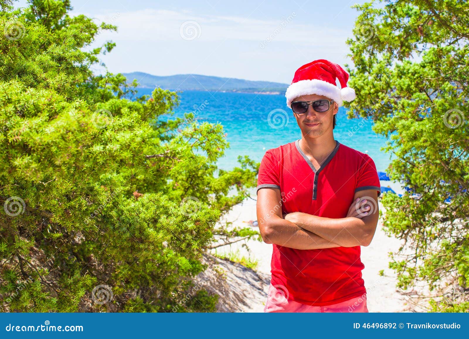 Young Man in Red Christmas Hat on Tropical Beach Stock Photo - Image of ...