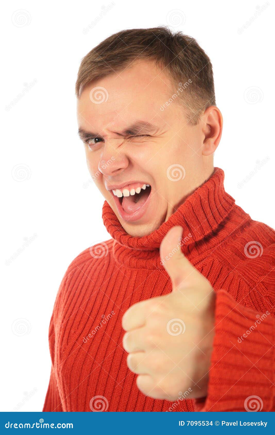 Young Man in Red Sweater Makes Gesture by Finger Stock Photo - Image of ...