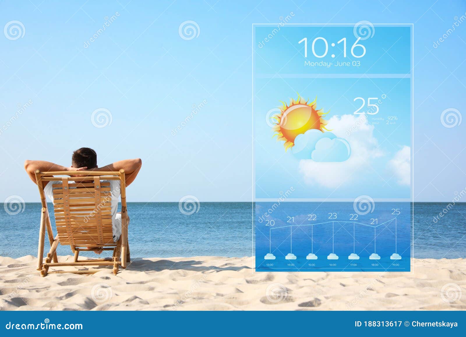 Young Man Relaxing in Deck Chair on Beach and Weather Forecast Widget ...