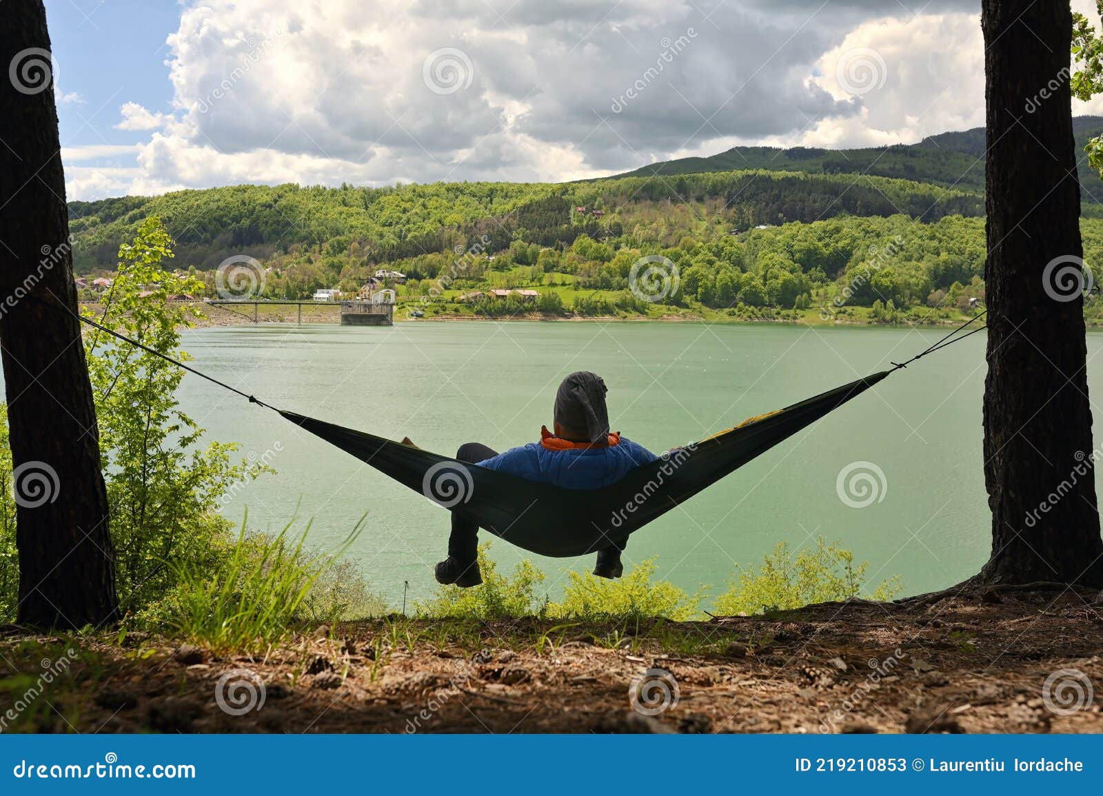 Young Man Relaxing in Hammock Near Lake Stock Image - Image of forest ...