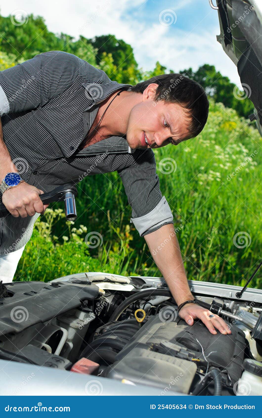 Young Man Repairing Broken Car Stock Photo - Image of driver, fixing ...