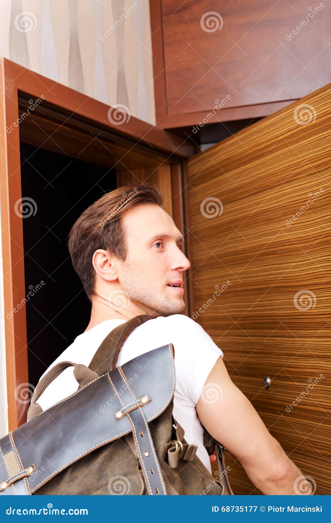 Young Man Returning or Going Out from Home Stock Image - Image of ...