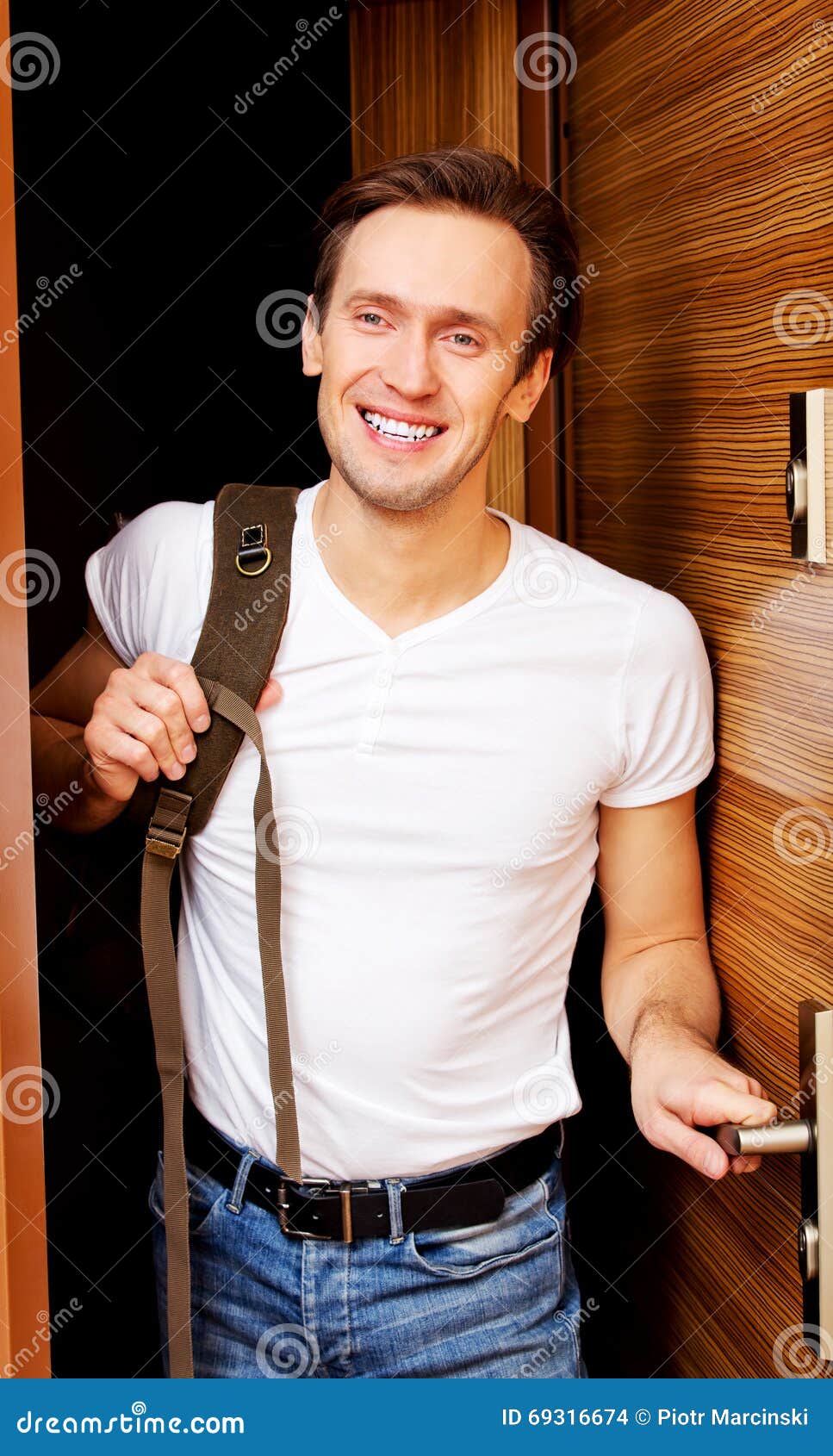 Young Man Returning Home from Work or Trip Stock Photo - Image of male ...