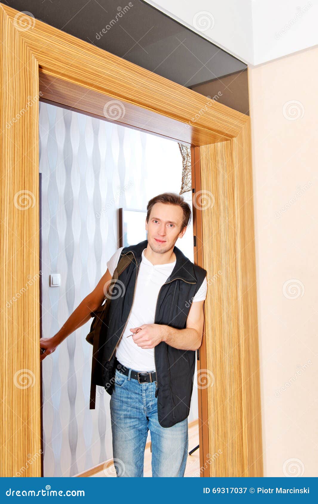 Young Man Returning Home from Work or Trip Stock Image - Image of flat ...