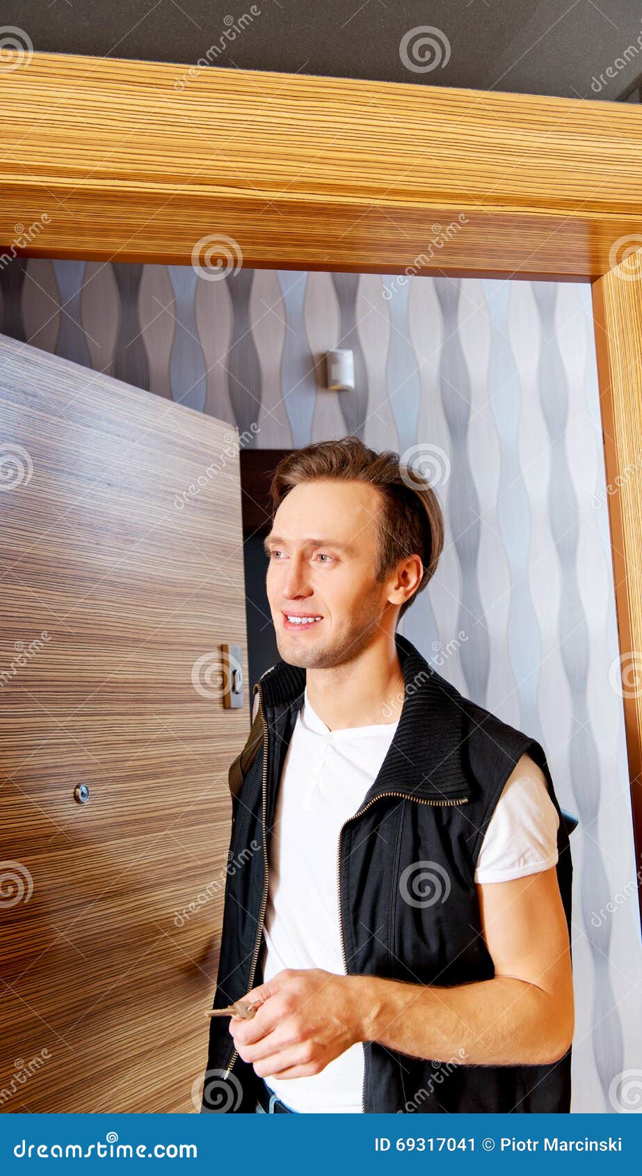 Young Man Returning Home from Work or Trip Stock Image - Image of male ...