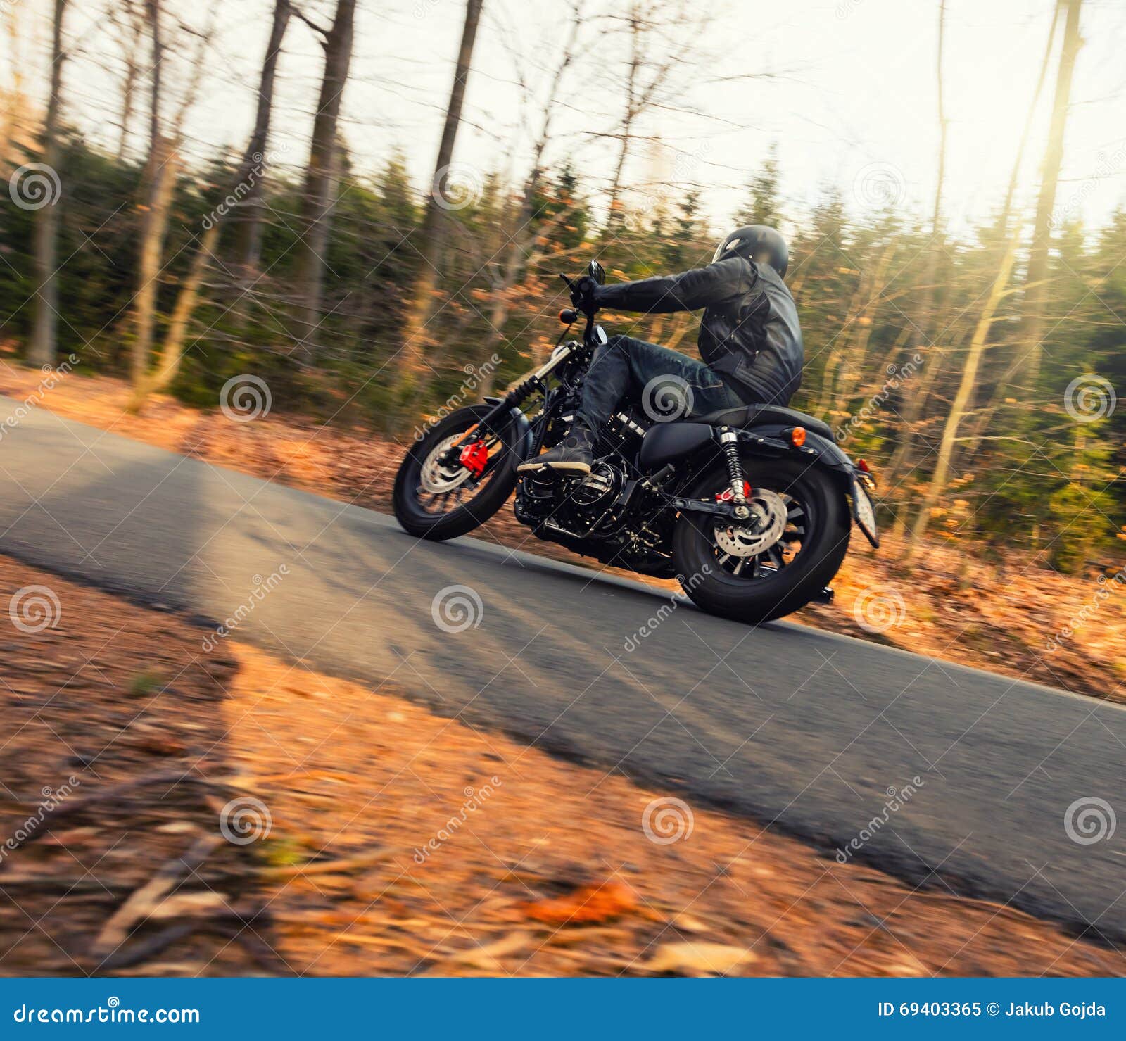 Young Man Riding Chopper on Road in Forest Stock Image - Image of ...