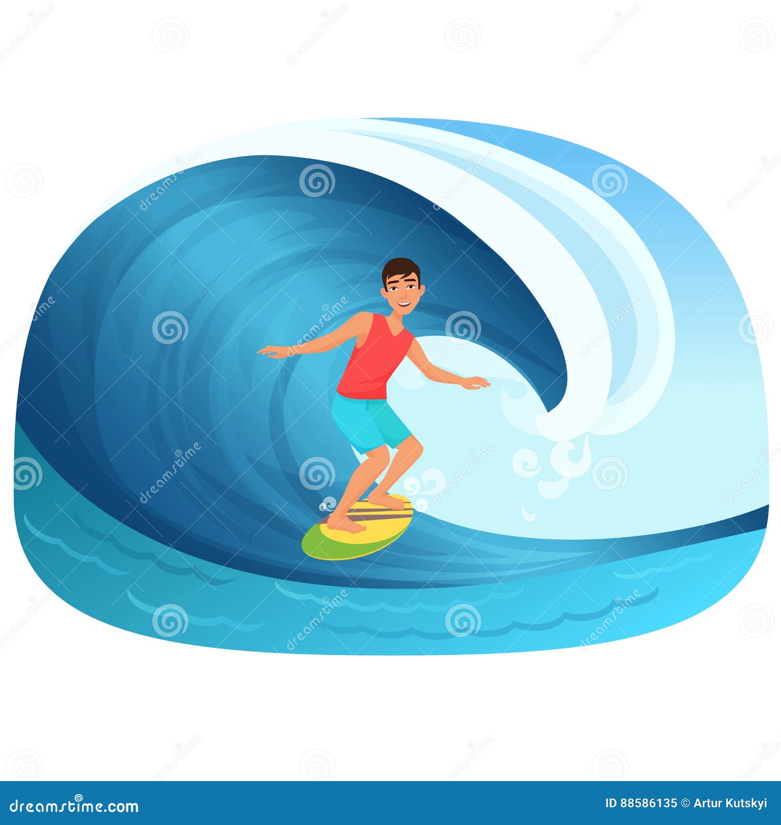 Young Man Riding a Surfboard in the Wave Vector Illustartion. Stock ...