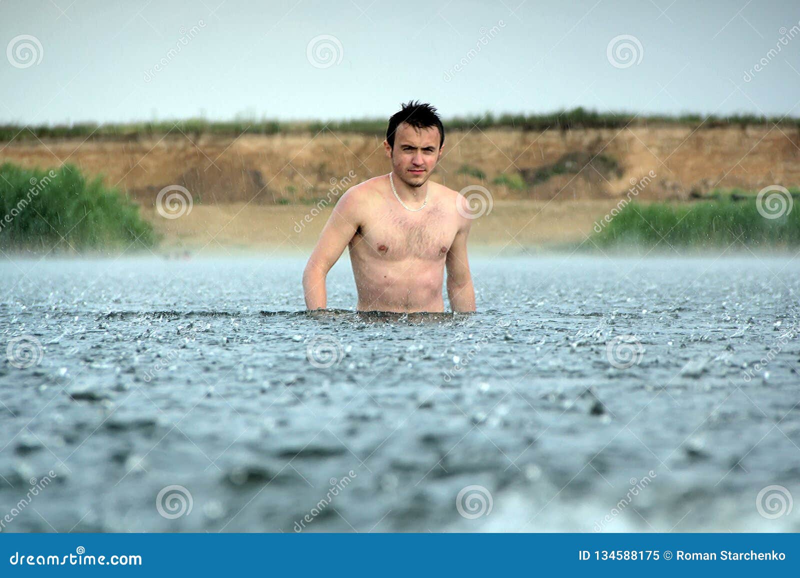 Young Man are in a River Under the Rain Stock Image - Image of healhy ...