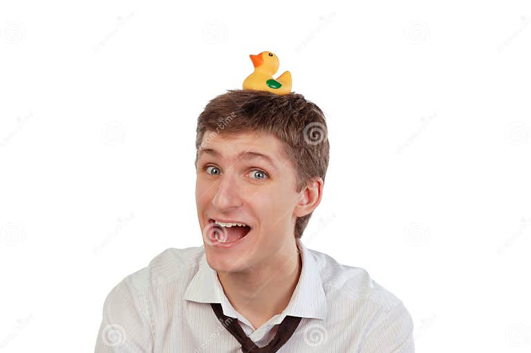 Young Man with a Rubber Duck on His Head Stock Photo - Image of grin ...