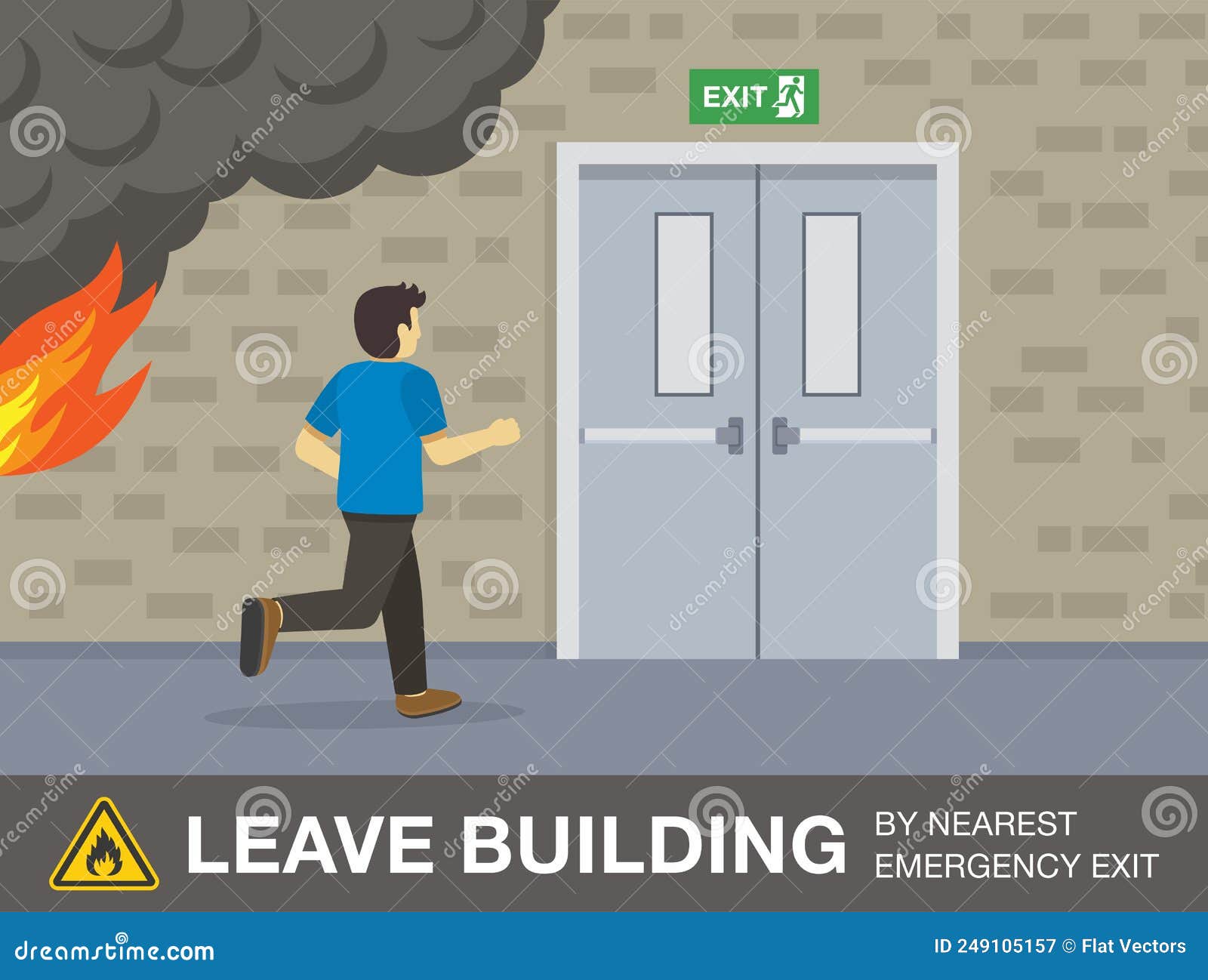 Young Man Runs from the Fire To the Exit Doors. Leave the Building by ...