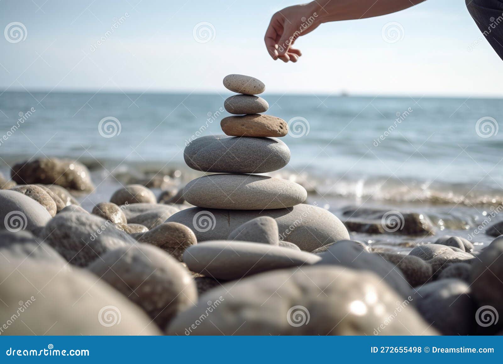 Young Man S Hand Balancing Stacking Stones on a Beach. Generative AI ...