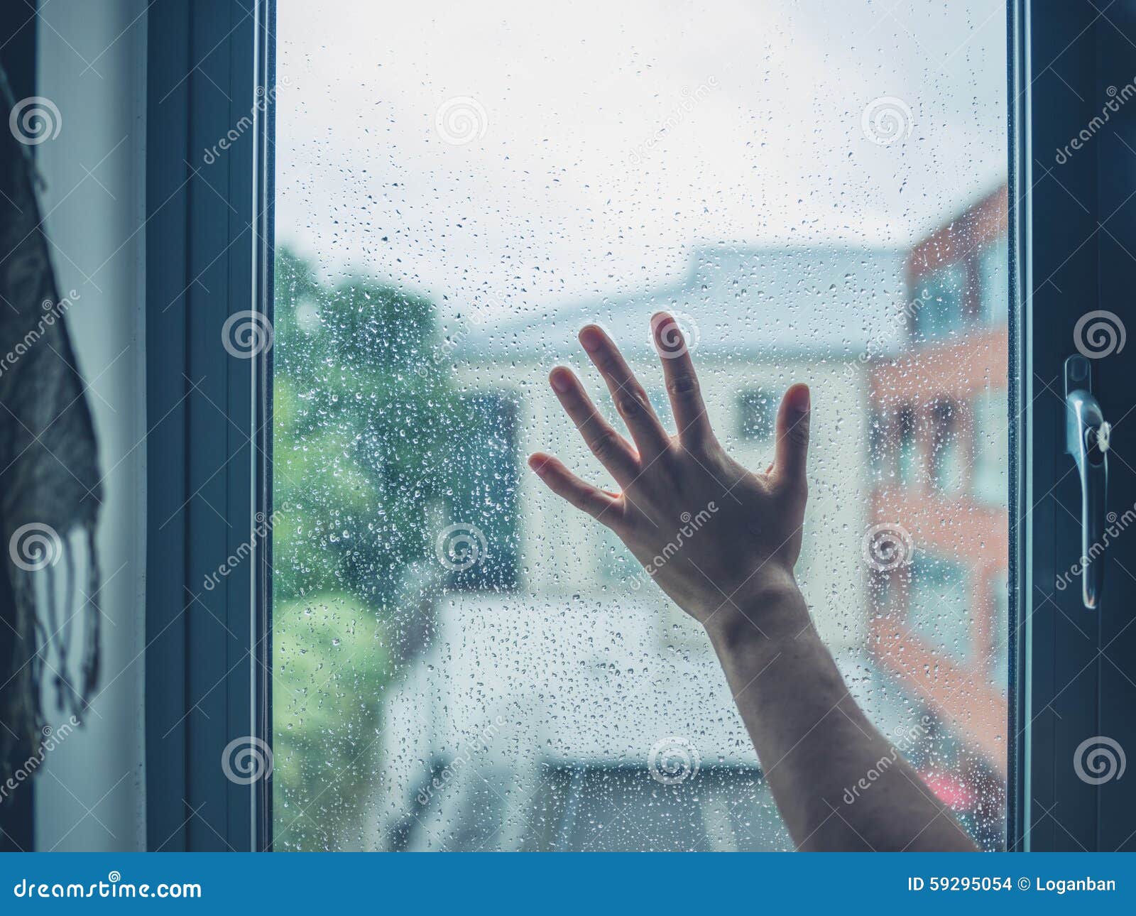 Young Man S Hand Touching Window with Dew Stock Photo - Image of drop ...