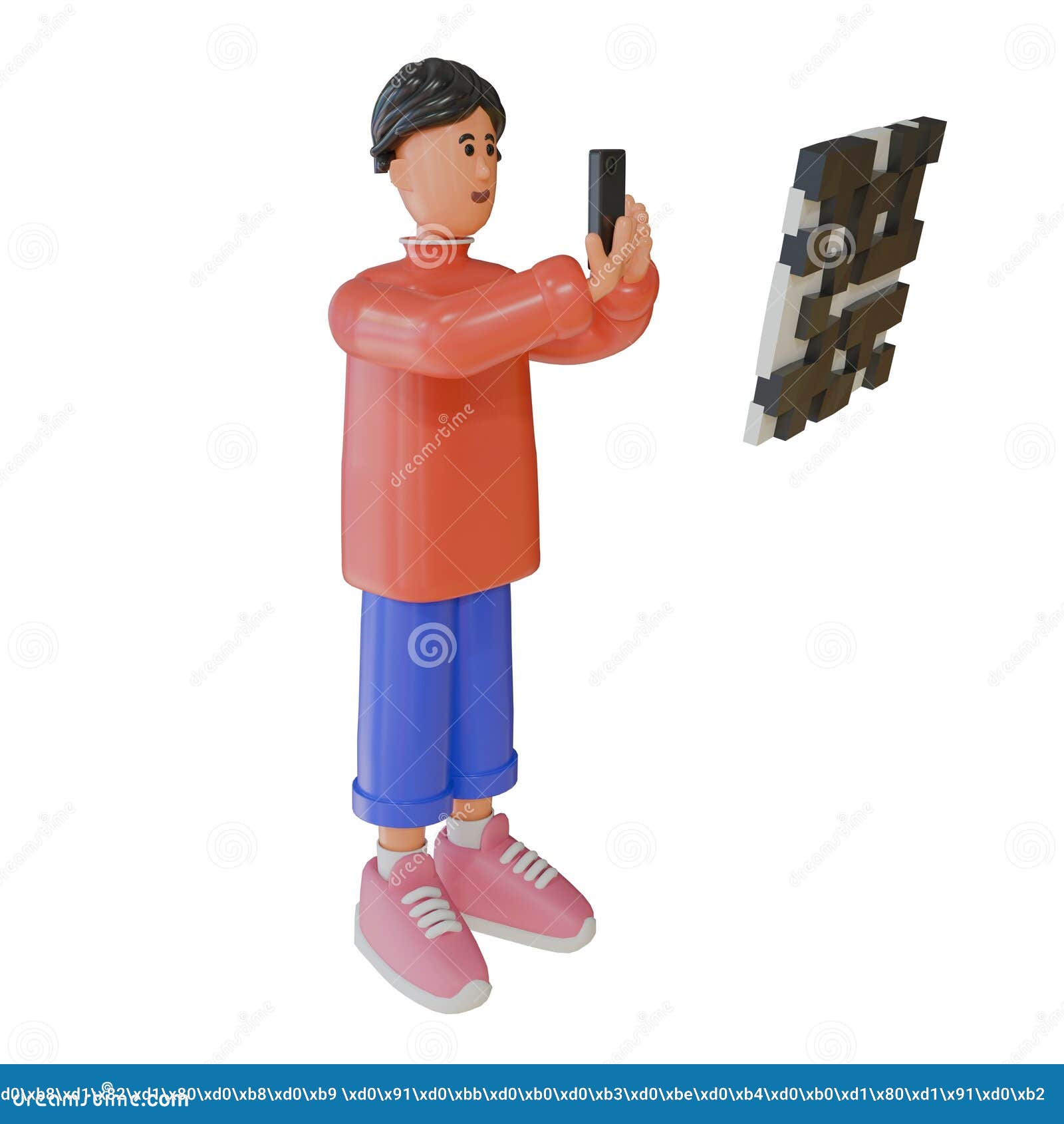 The Young Man Scans the QR Code and Has a Little Difficulty. 3D Render ...