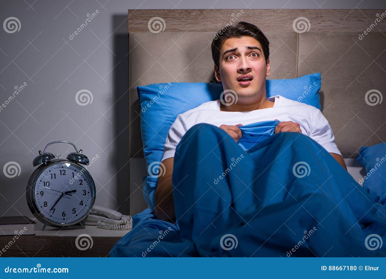 The Young Man Scared in Bed Stock Photo - Image of fearful, dark: 88667180
