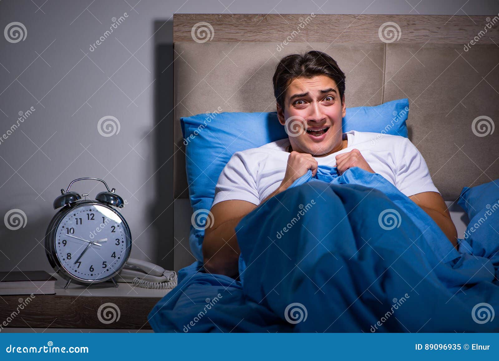 The Young Man Scared in Bed Stock Image - Image of home, emotion: 89096935