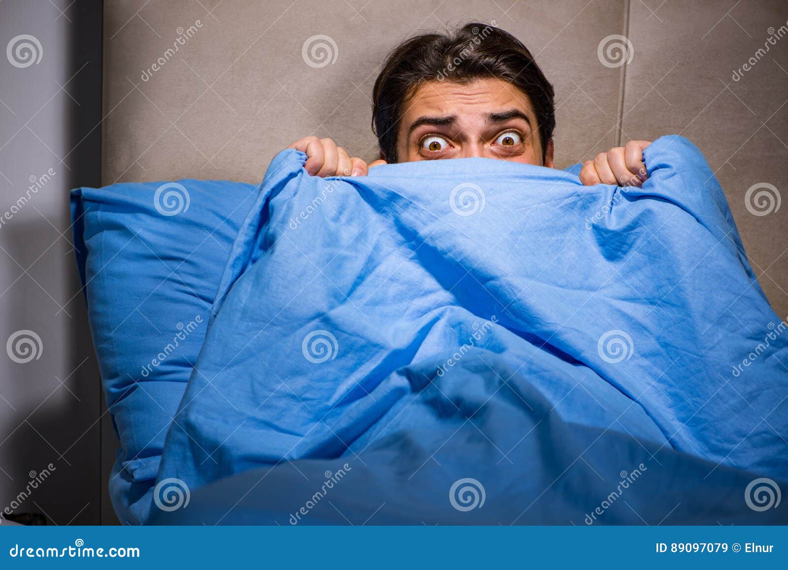 The Young Man Scared in Bed Stock Image - Image of face, morning: 89097079