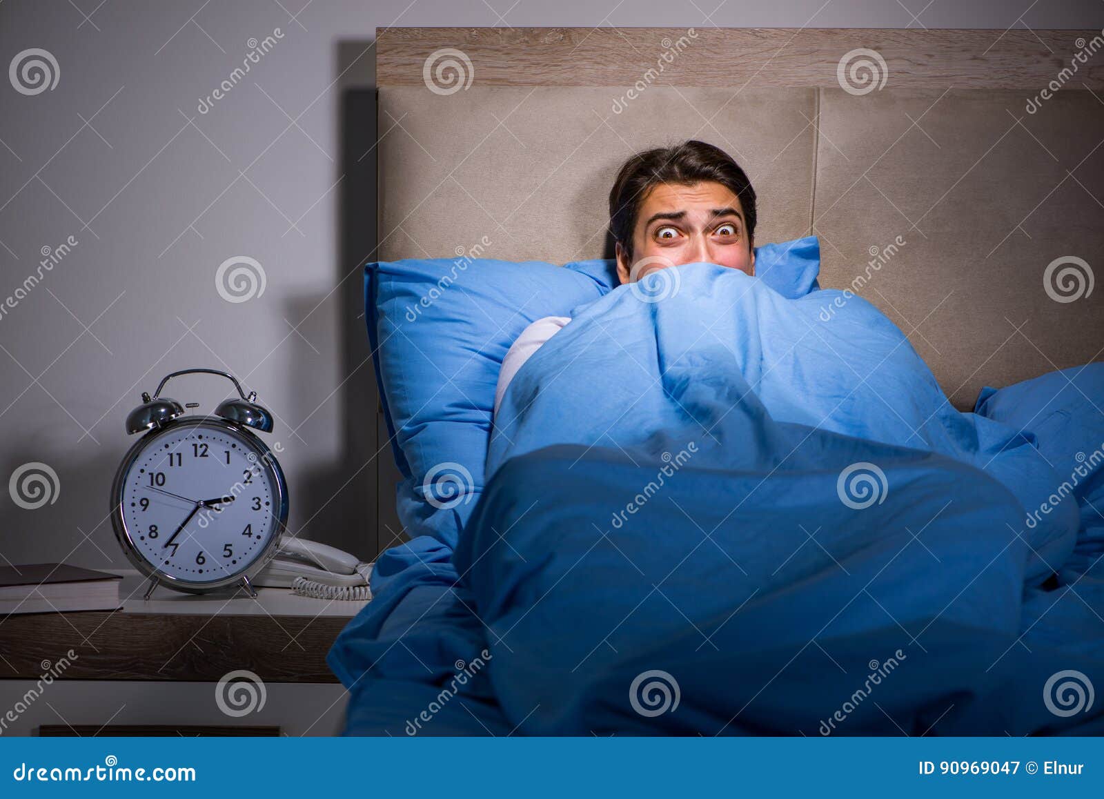 The Young Man Scared in Bed Stock Image - Image of childhood, insomnia ...