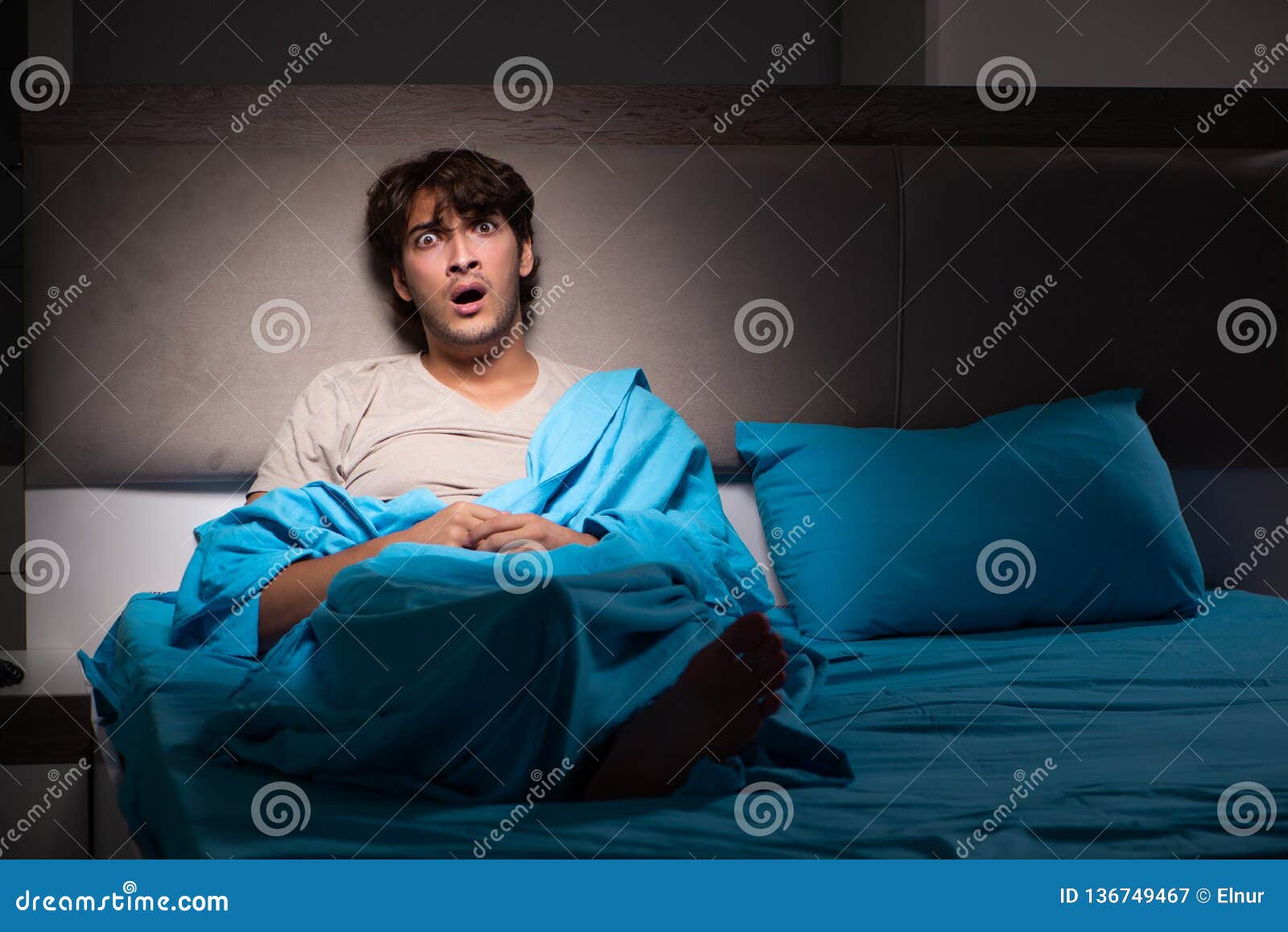The Young Man Scared in His Bed Having Nightmares Stock Image - Image of ghost, evil: 136749467