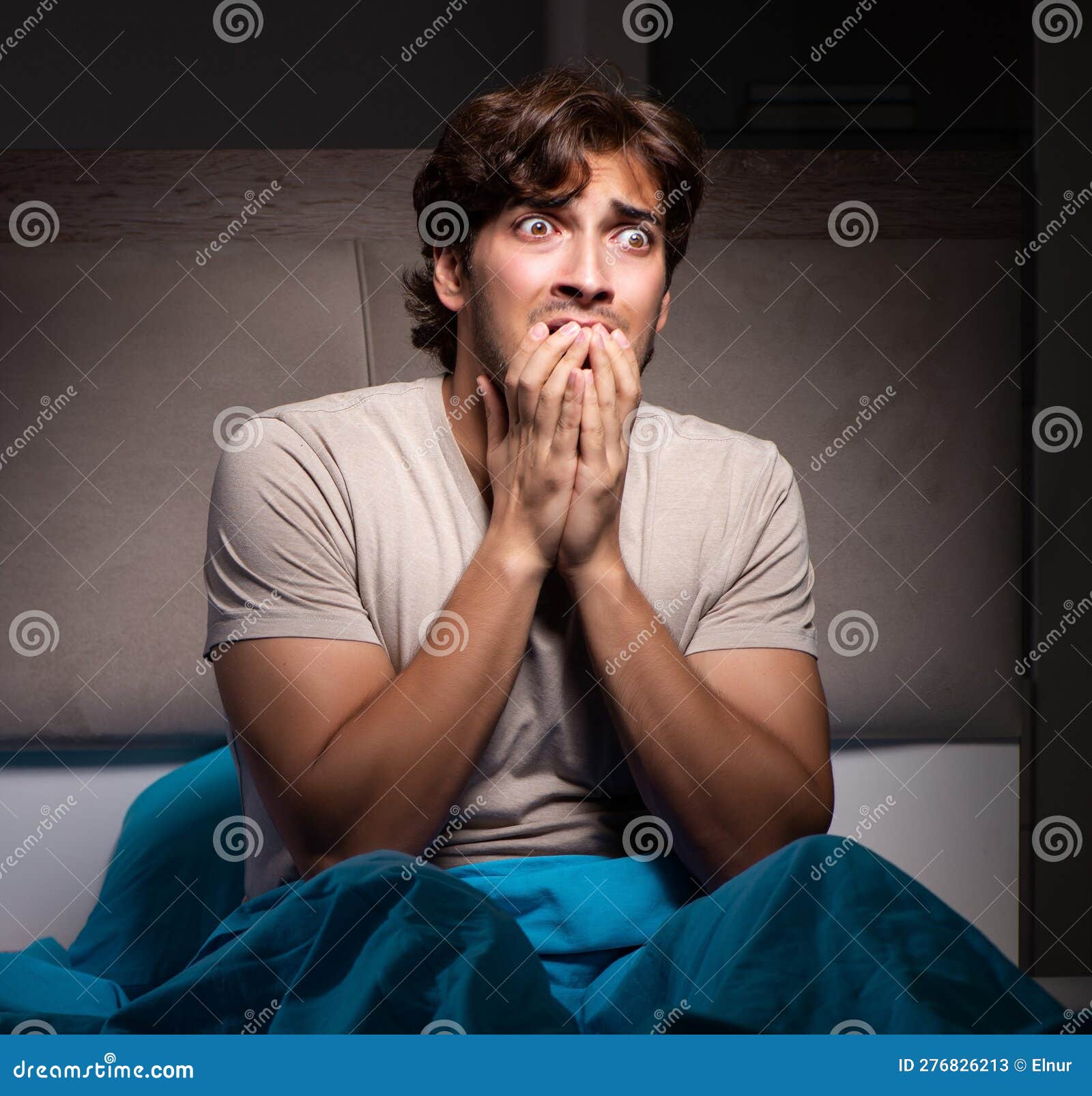Young Man Scared in His Bed Having Nightmares Stock Image - Image of ...