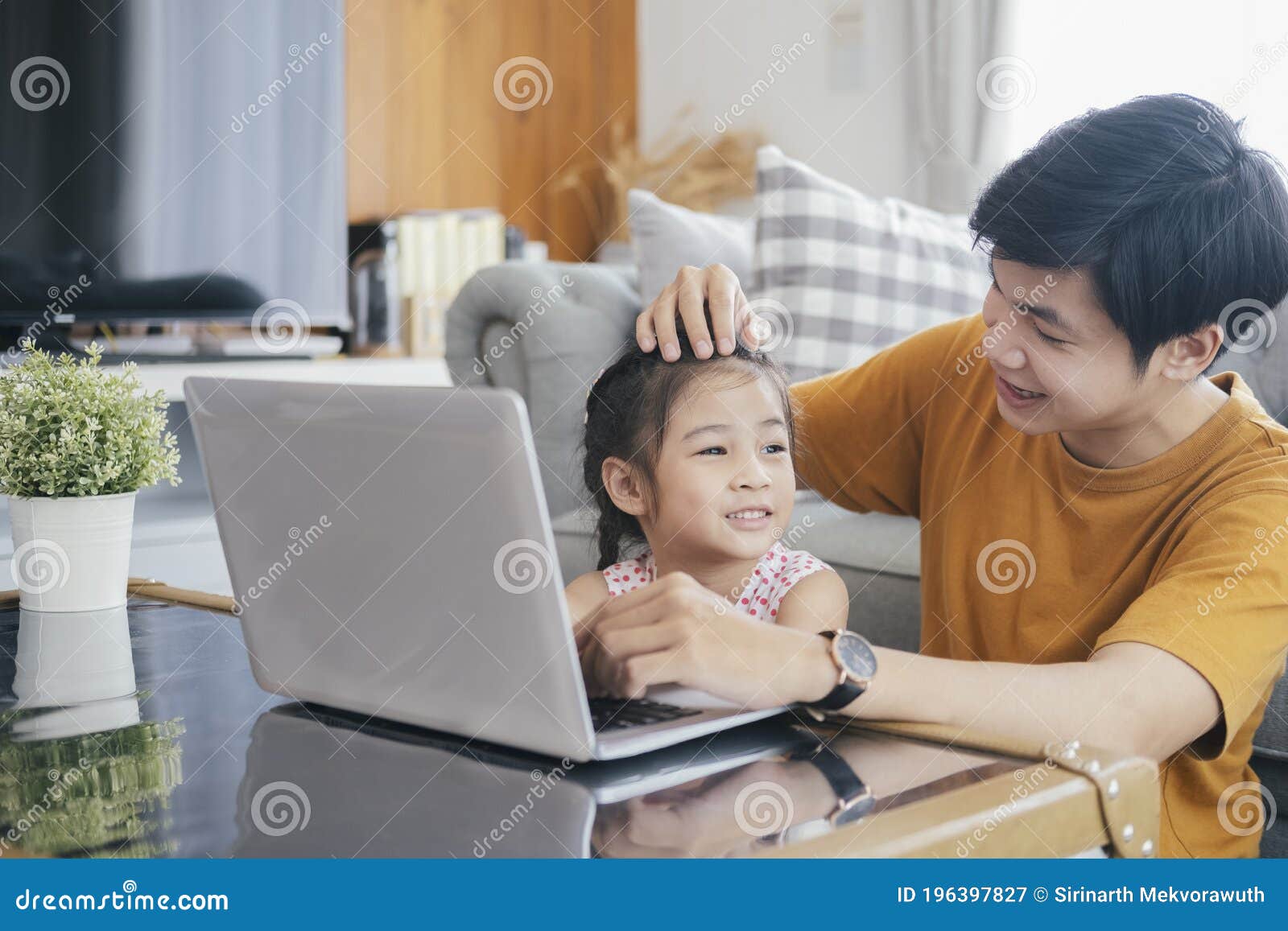 Young Man and School-girl Working Form Home and E-learning Stock Image ...