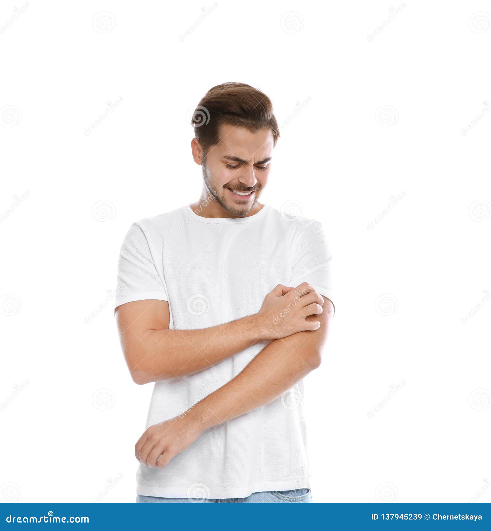 Young Man Scratching Arm on White Background. Stock Image - Image of ...