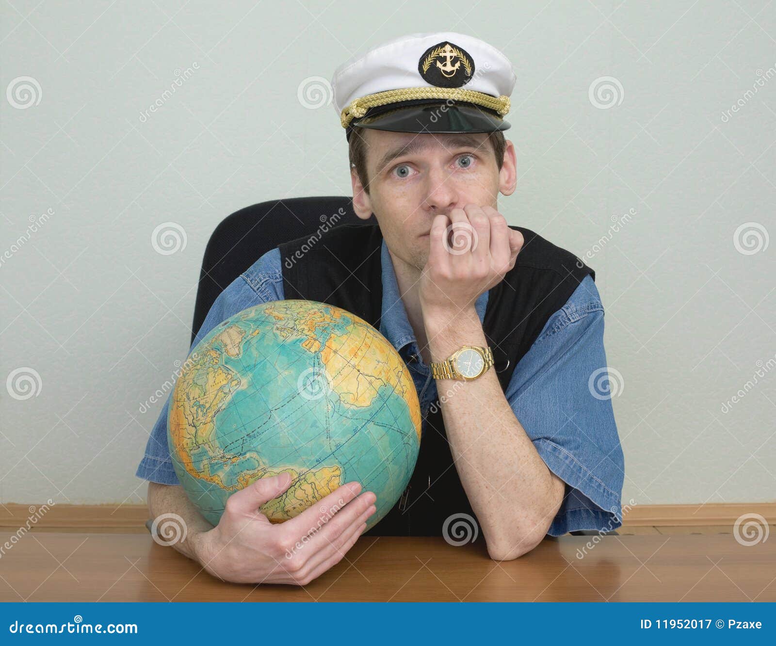 Young Man in a Sea Cap of Captain with Globe Stock Image - Image of ...