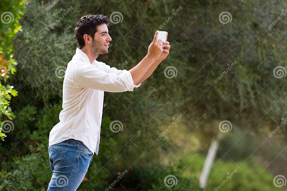 Young Man Searching Internet Coverage Outdoor Stock Photo - Image of ...