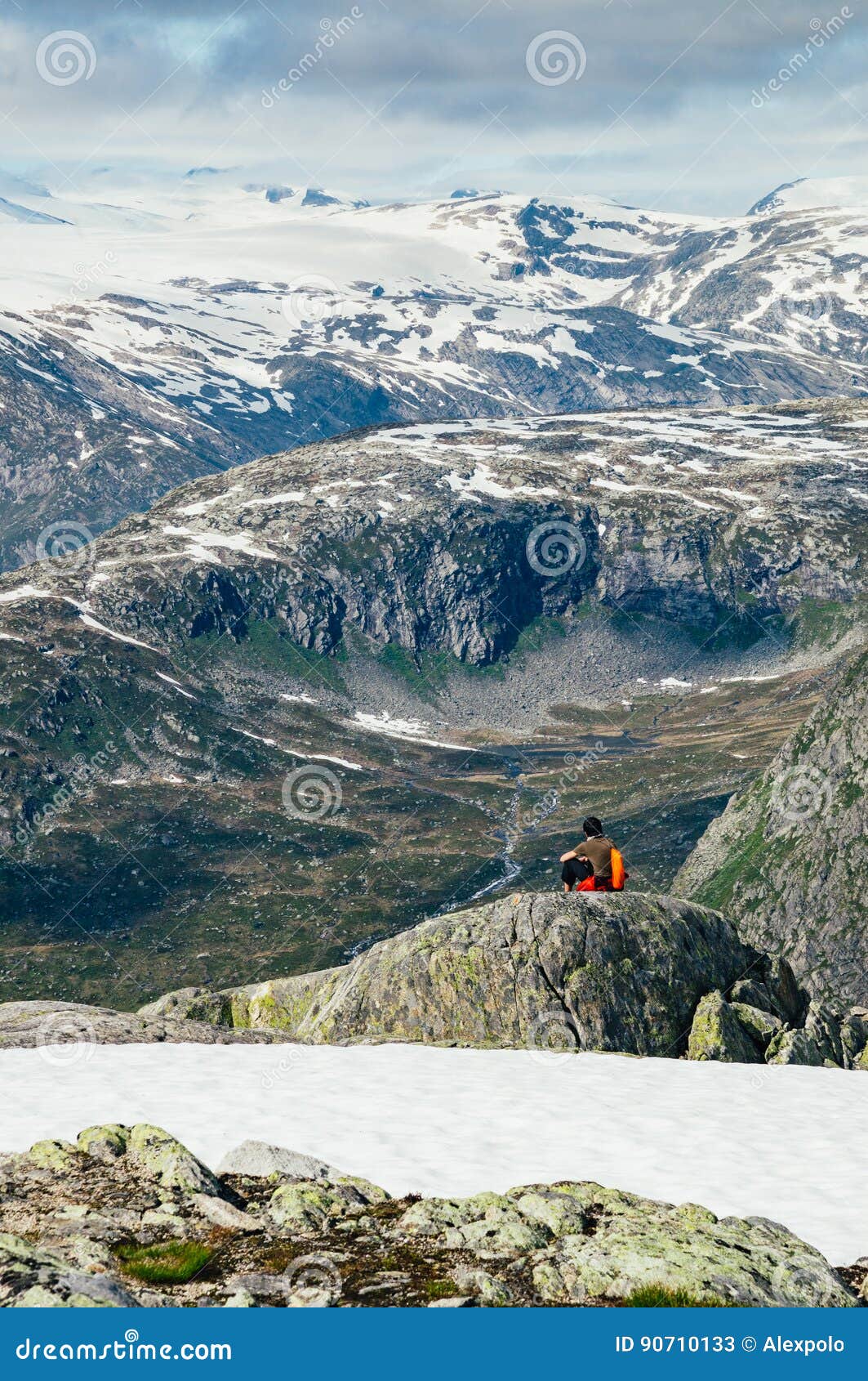 Young Man Seating on Edge of Mountain Stock Image - Image of high ...