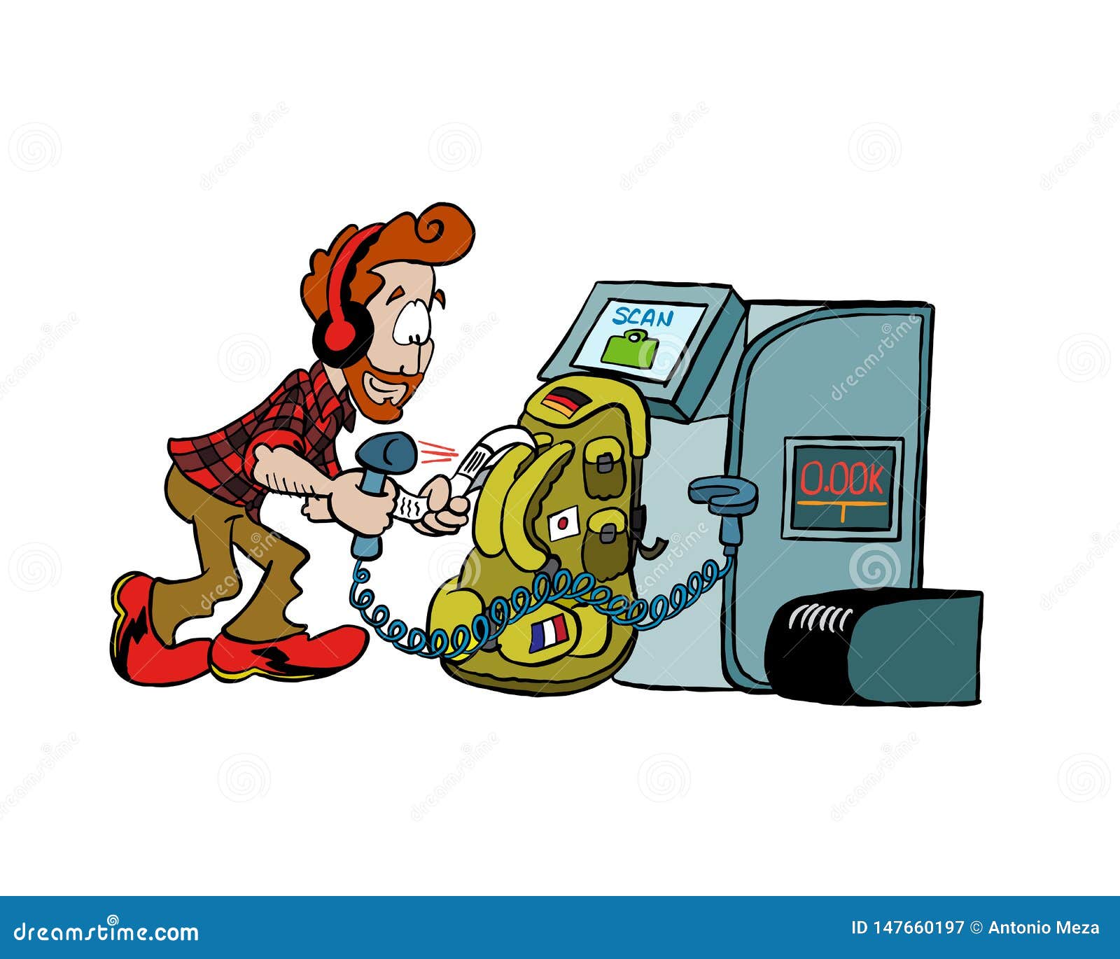 Young Man Self Checking Luggage in the Airport Stock Vector ...