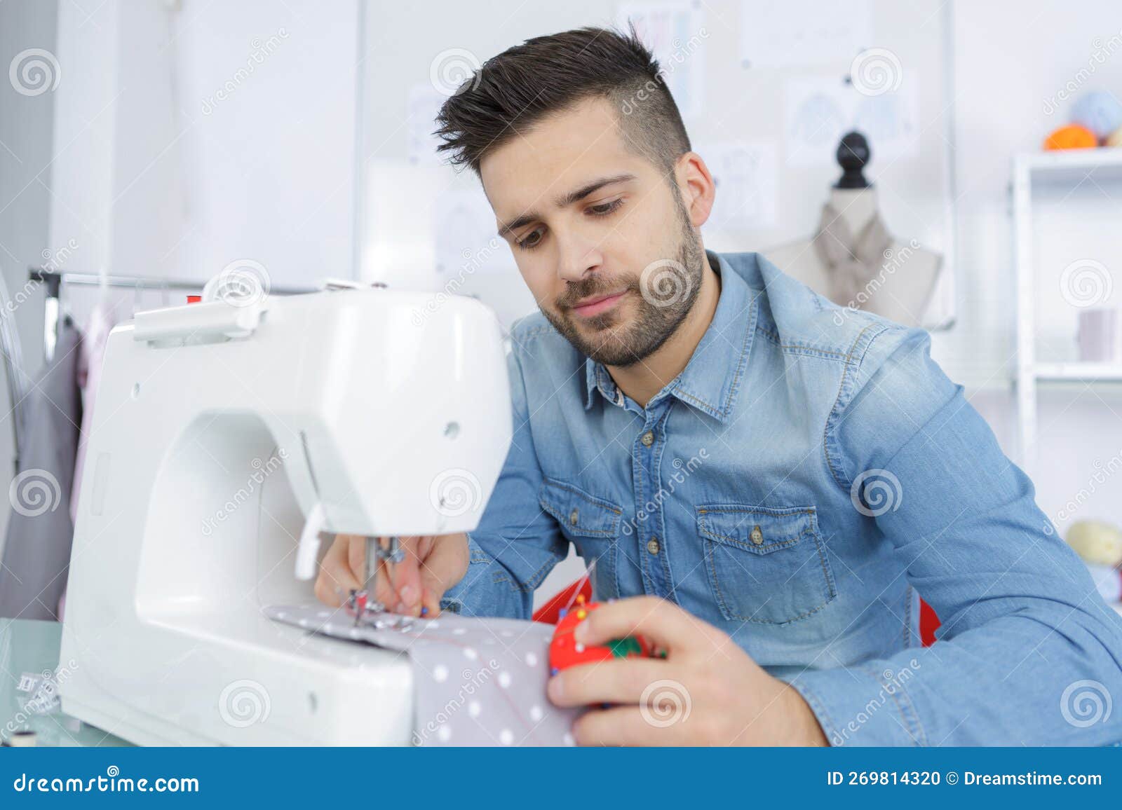 Young Man with Sewing Machine at Home Stock Photo - Image of ...
